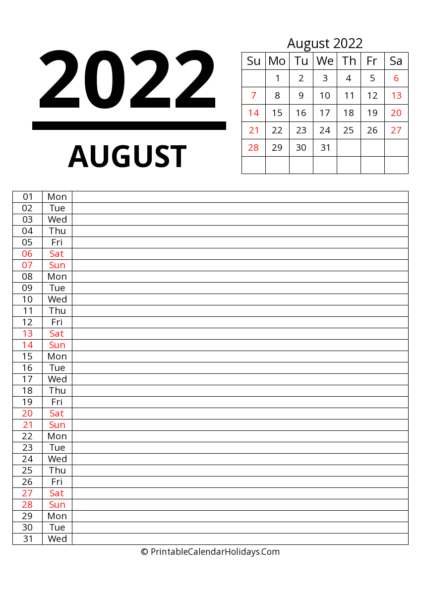 August 2022 Calendars - PrintableCalendarHolidays.Com
